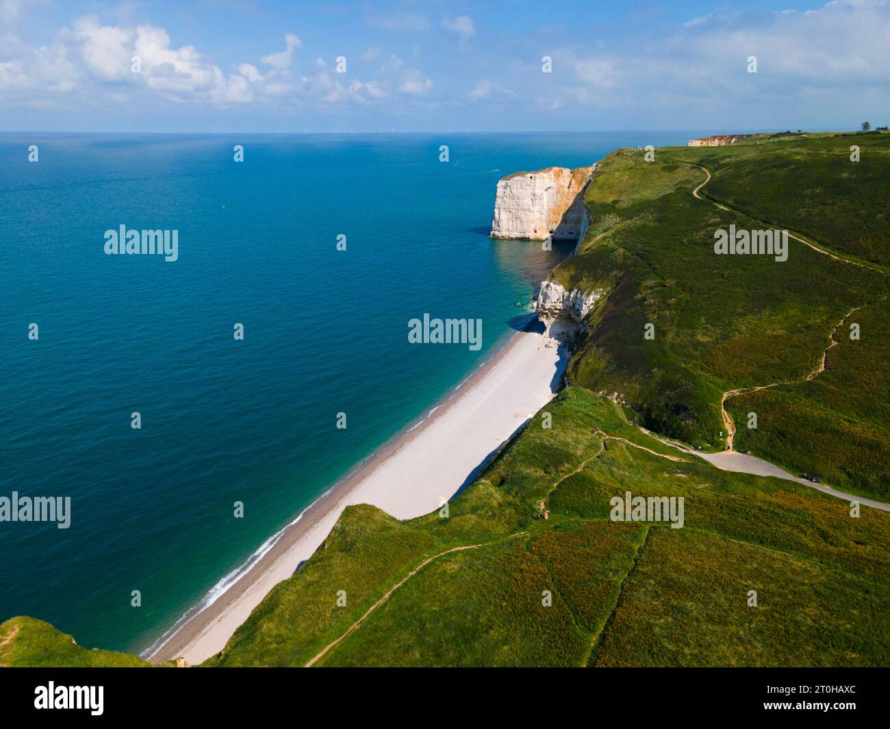 Aerial view, beach, cliffs and chalk cliffs at Etretat, Etretat ...
