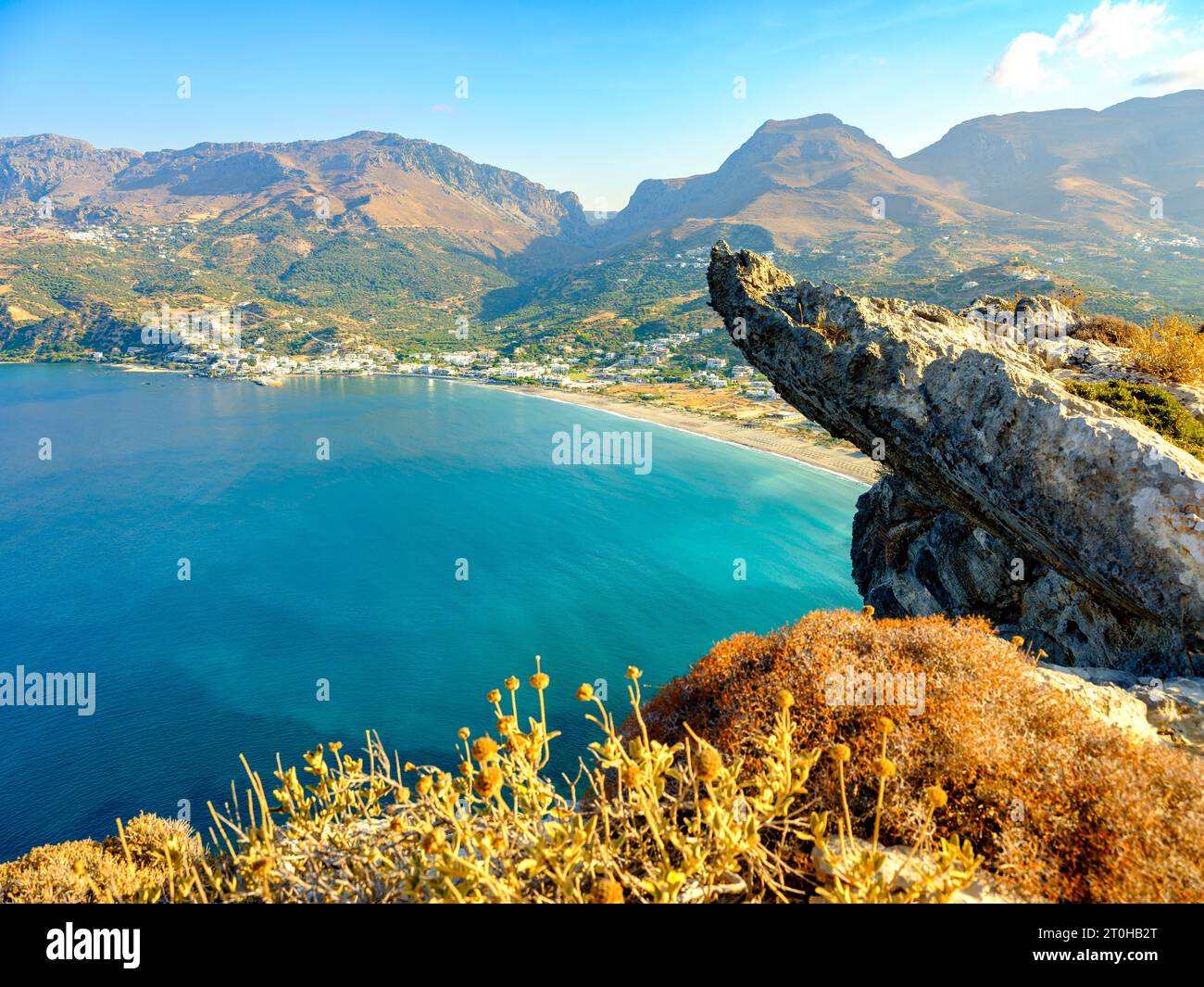 View over a cliff onto the bay and beach of Plakias, Crete, Greece ...