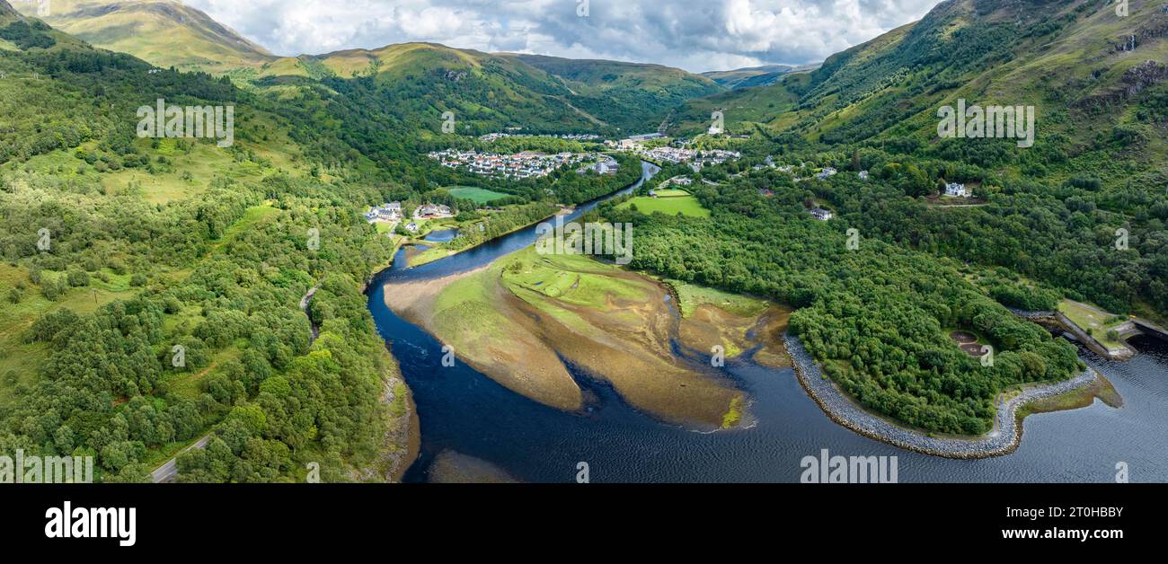 Aerial panorama of the village of Kinlochleven with the mouth of the ...