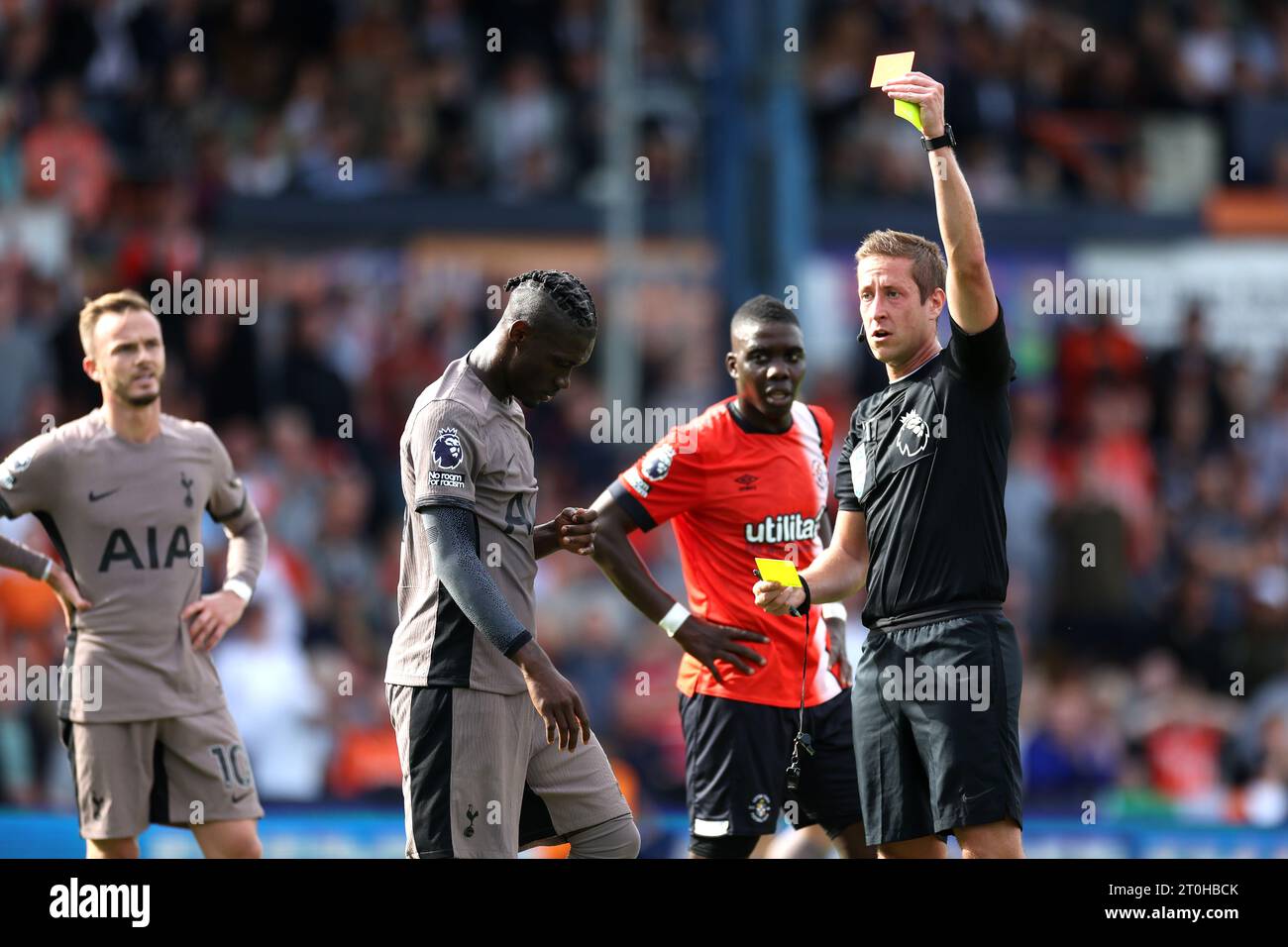 Tottenham Hotspur's Yves Bissouma is shown a red card by referee John ...