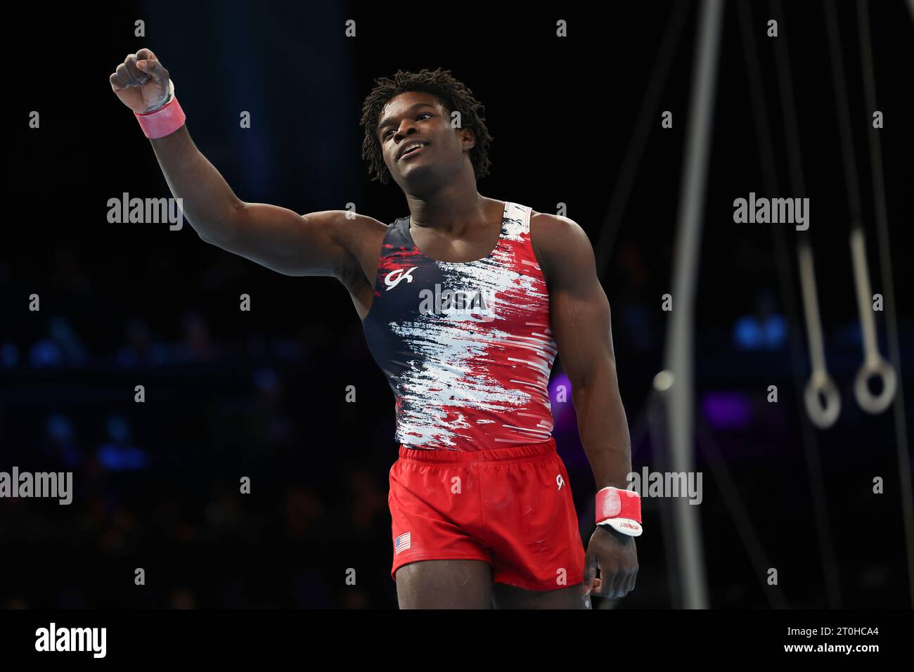 United States' Frederick Richard reacts after his floor exercise during ...