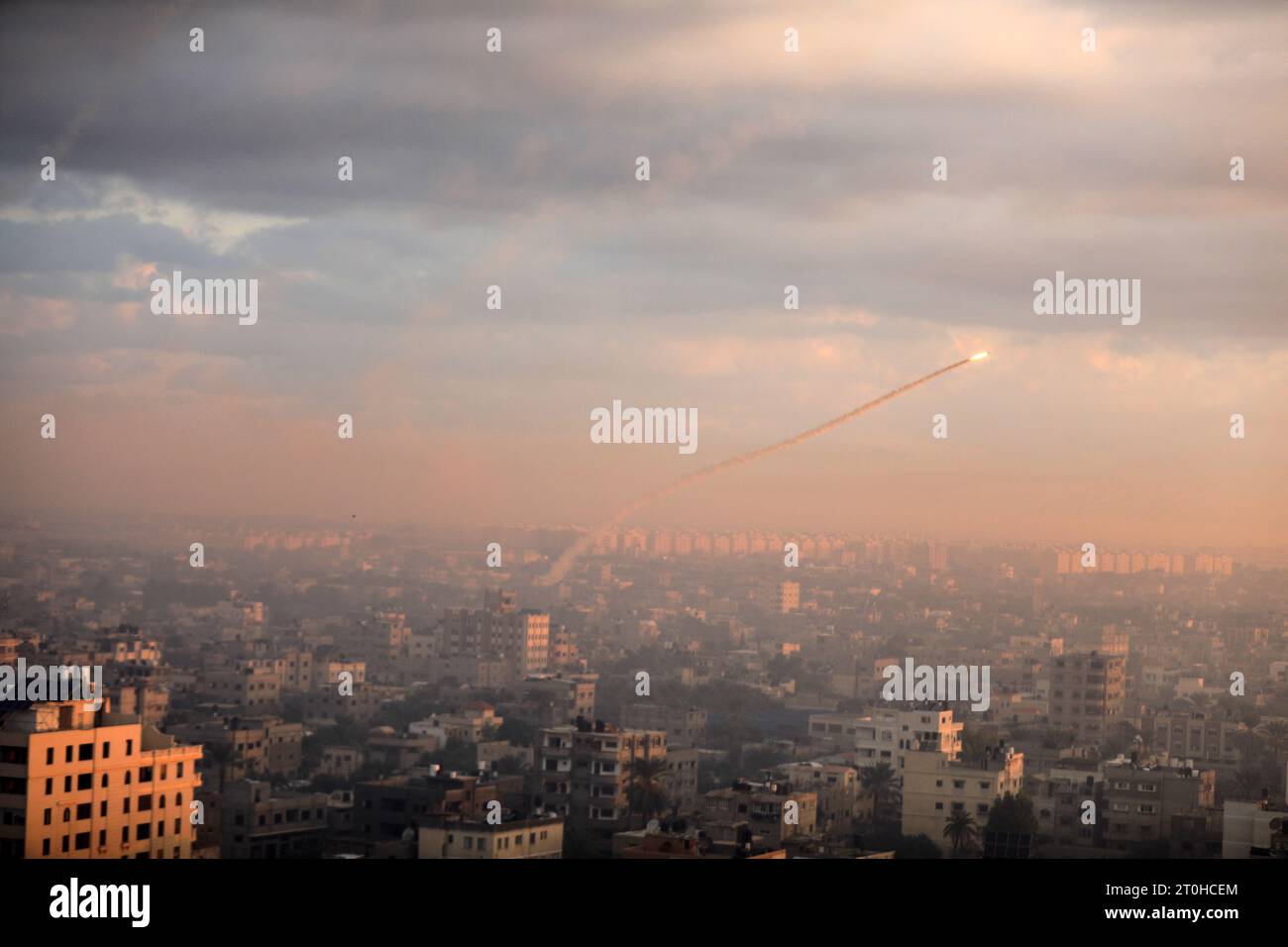 Gaza. 7th Oct, 2023. A rocket fired from Gaza into Israel is seen in ...