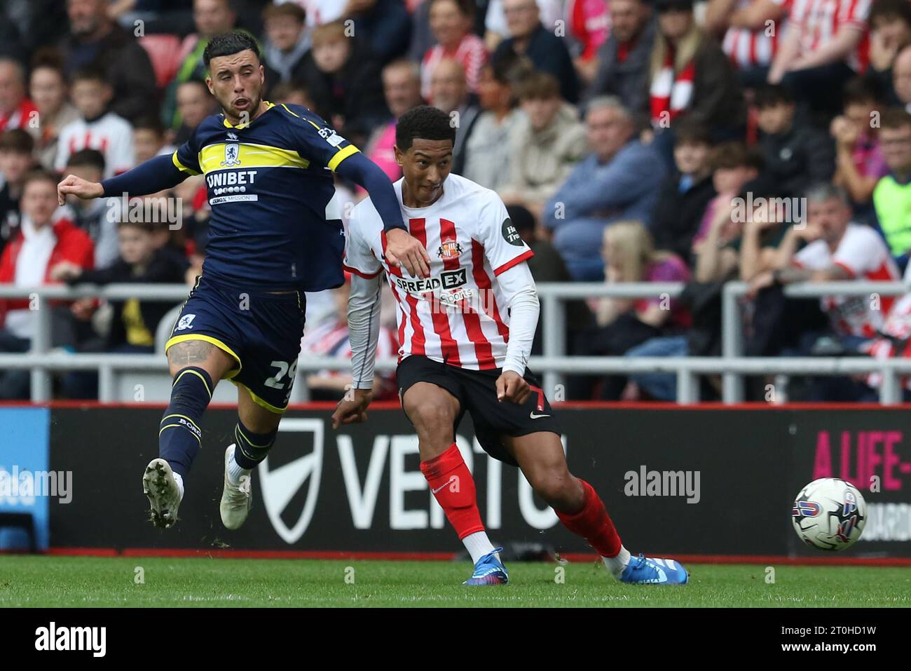 Sam Greenwood Of Middlesbrough challenges Jobe Bellingham of Sunderland ...