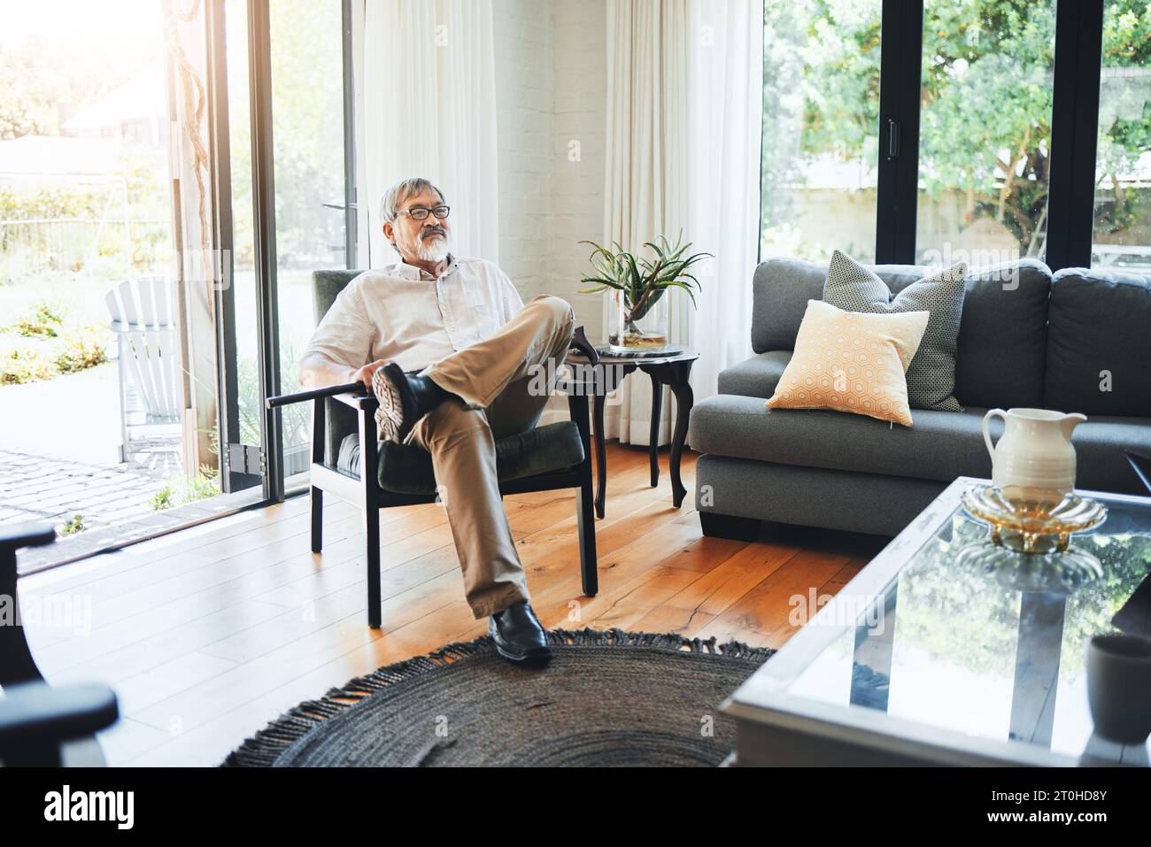 Home, memory and thinking with senior man, walking stick and retirement with ideas, nostalgia ...