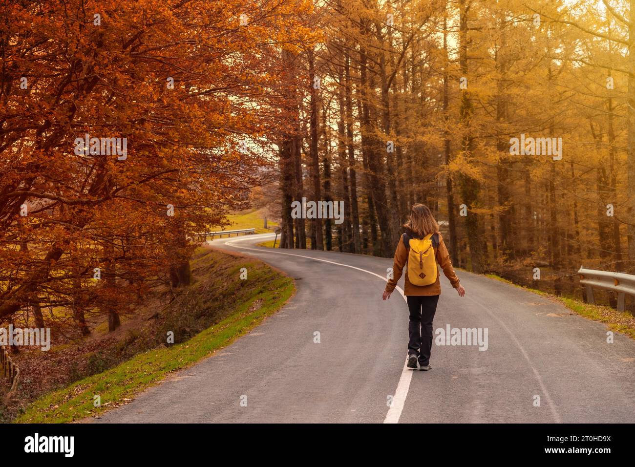 A young woman walking alone in solitude on a road in Autumn Stock Photo ...