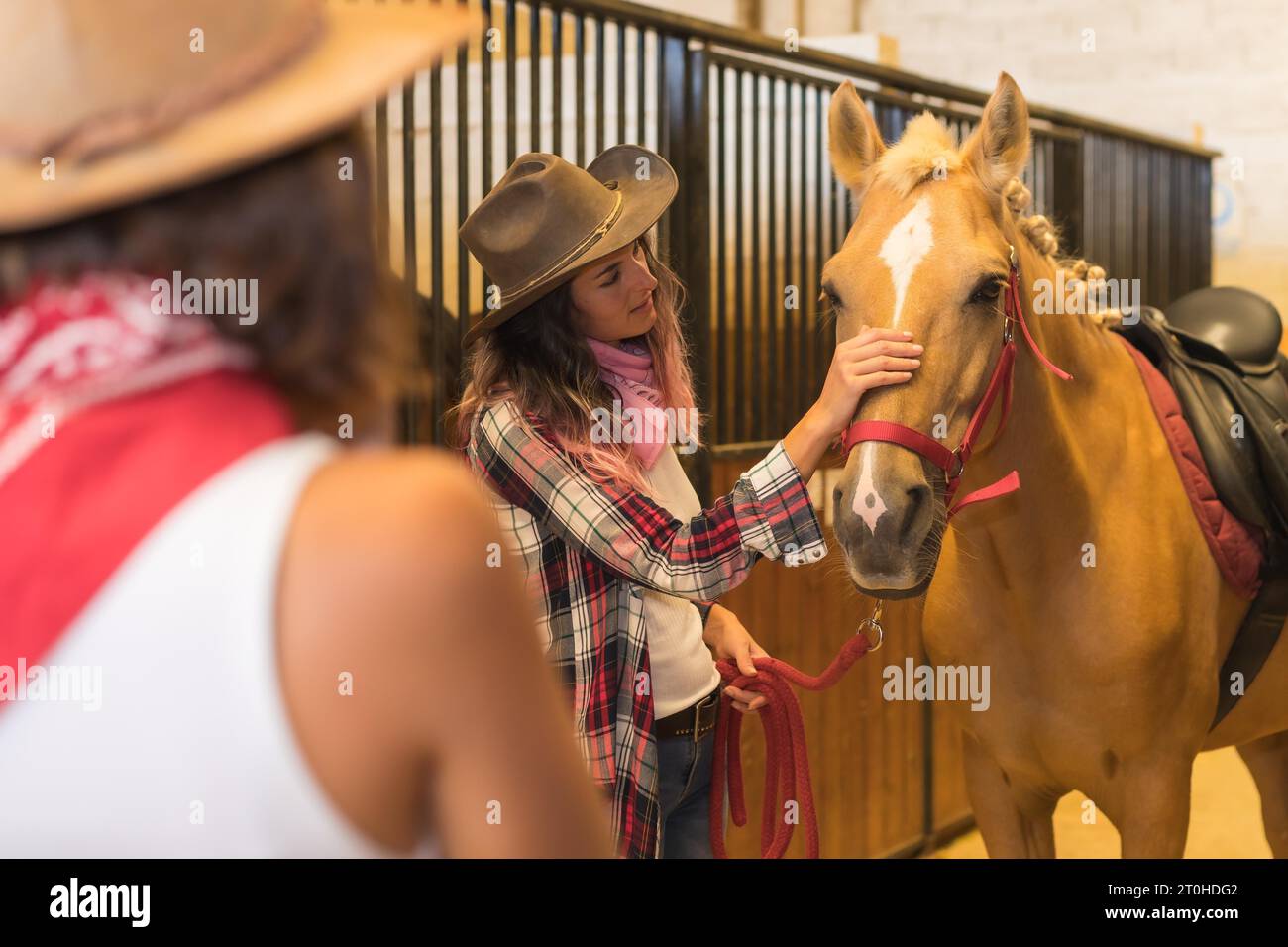 Two cowgirl women stroking a horse, with South American outfits ...