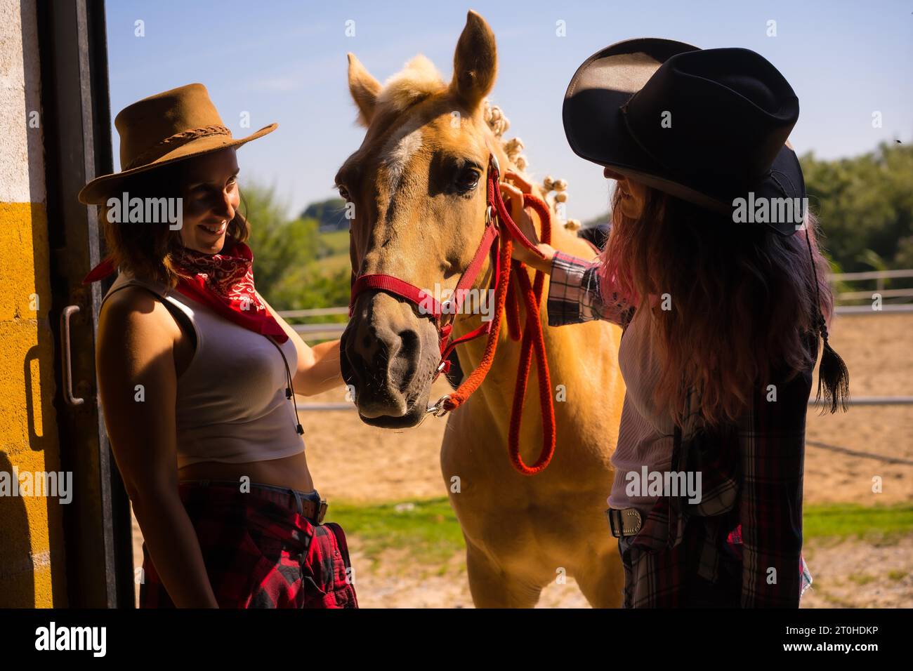 Silhouette of two cowgirl women entering the stable with a horse from a ...