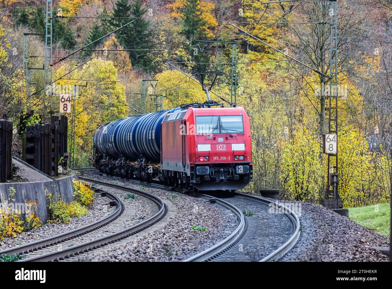 German Railways goods train on the Geislinger Steige, autumn in the ...