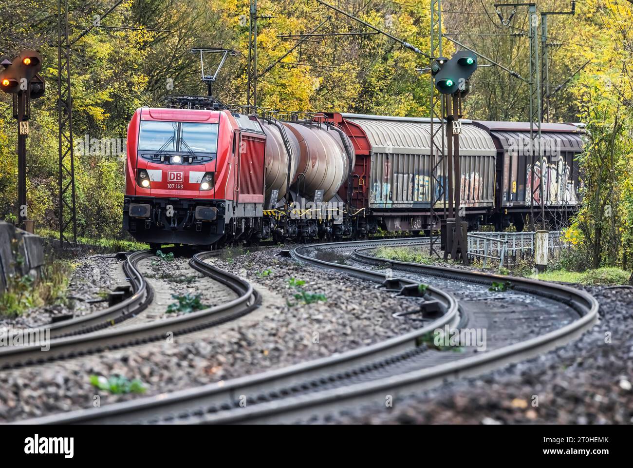 German Railways goods train on the Geislinger Steige, autumn in the ...