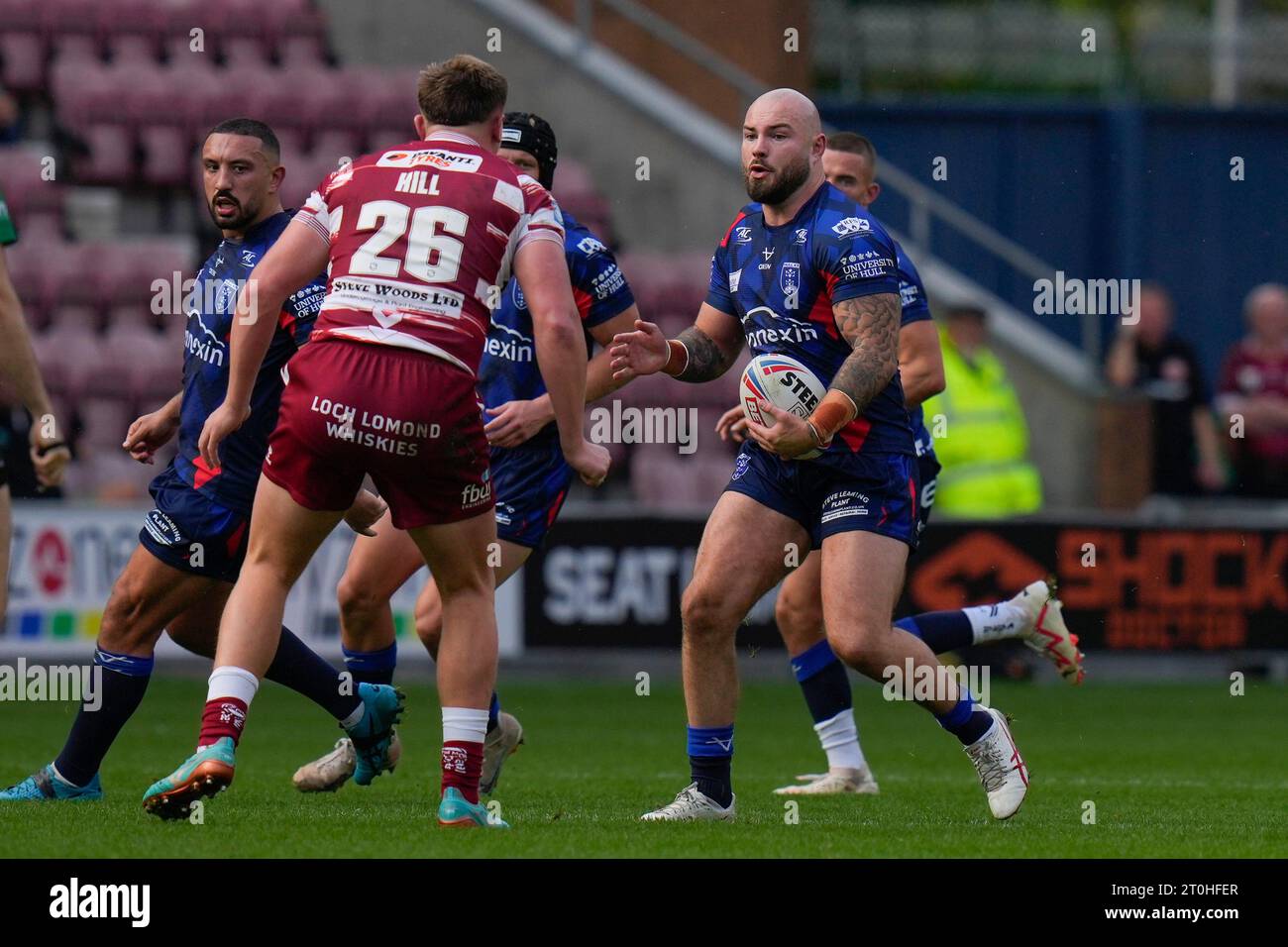 Wigan, UK. 07th Oct, 2023. Sam Luckley #26 of Hull KR runs at the Wigan ...