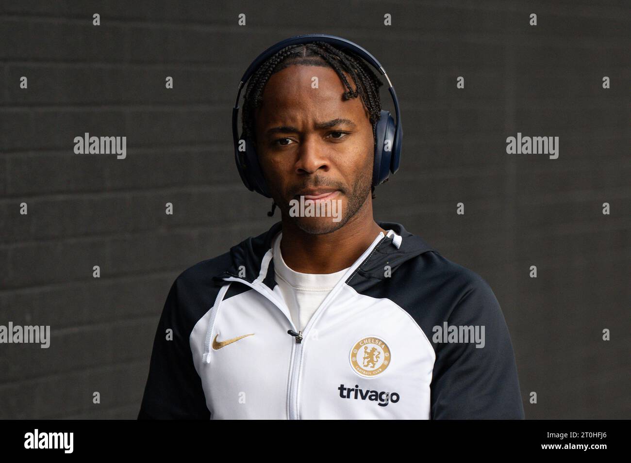 Raheem Sterling #7 of Chelsea arrives ahead of the Premier League match ...
