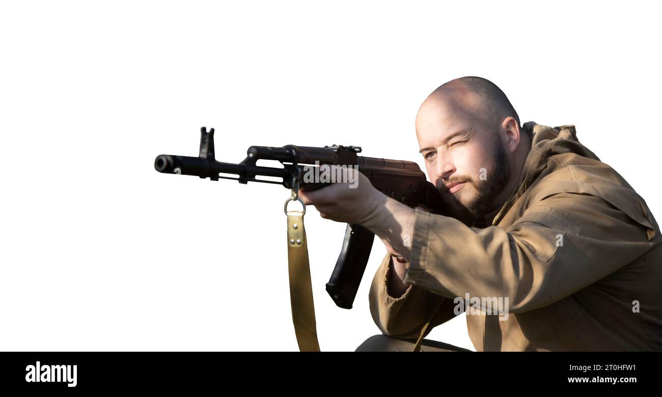 man shoots from a machine gun isolated on white background Stock Photo ...