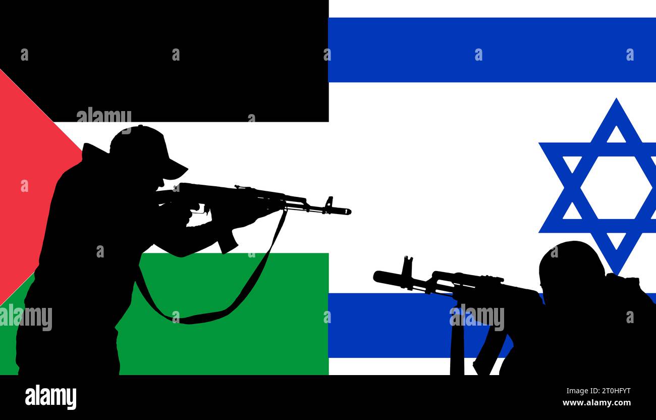 silhouettes of Israeli and Palestinian soldiers pointing machine guns ...