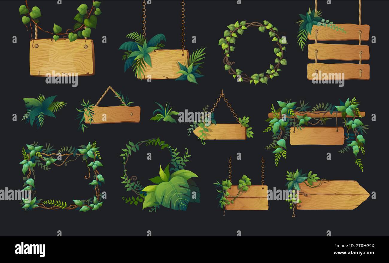 Jungle frames. Wooden game signboard, liana signs for text decoration ...