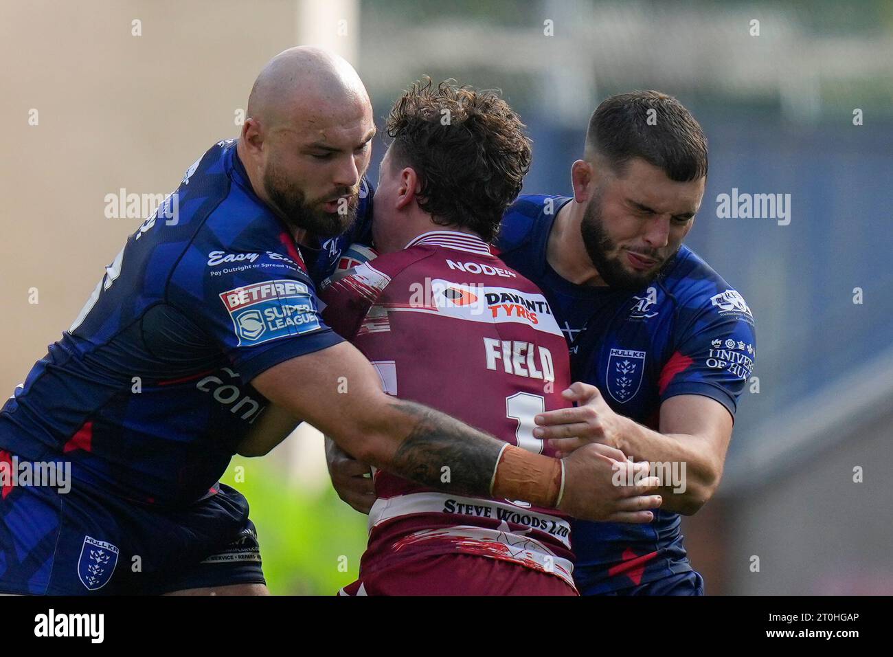 Wigan, UK. 07th Oct, 2023. Sam Luckley #26 of Hull KR and Matty Storton ...