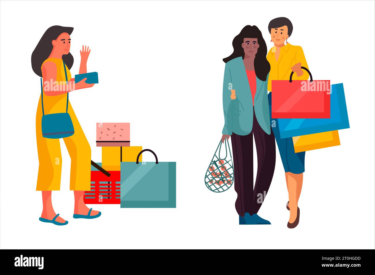 Trendy shopping people. Cartoon women make purchases in store. Happy ...