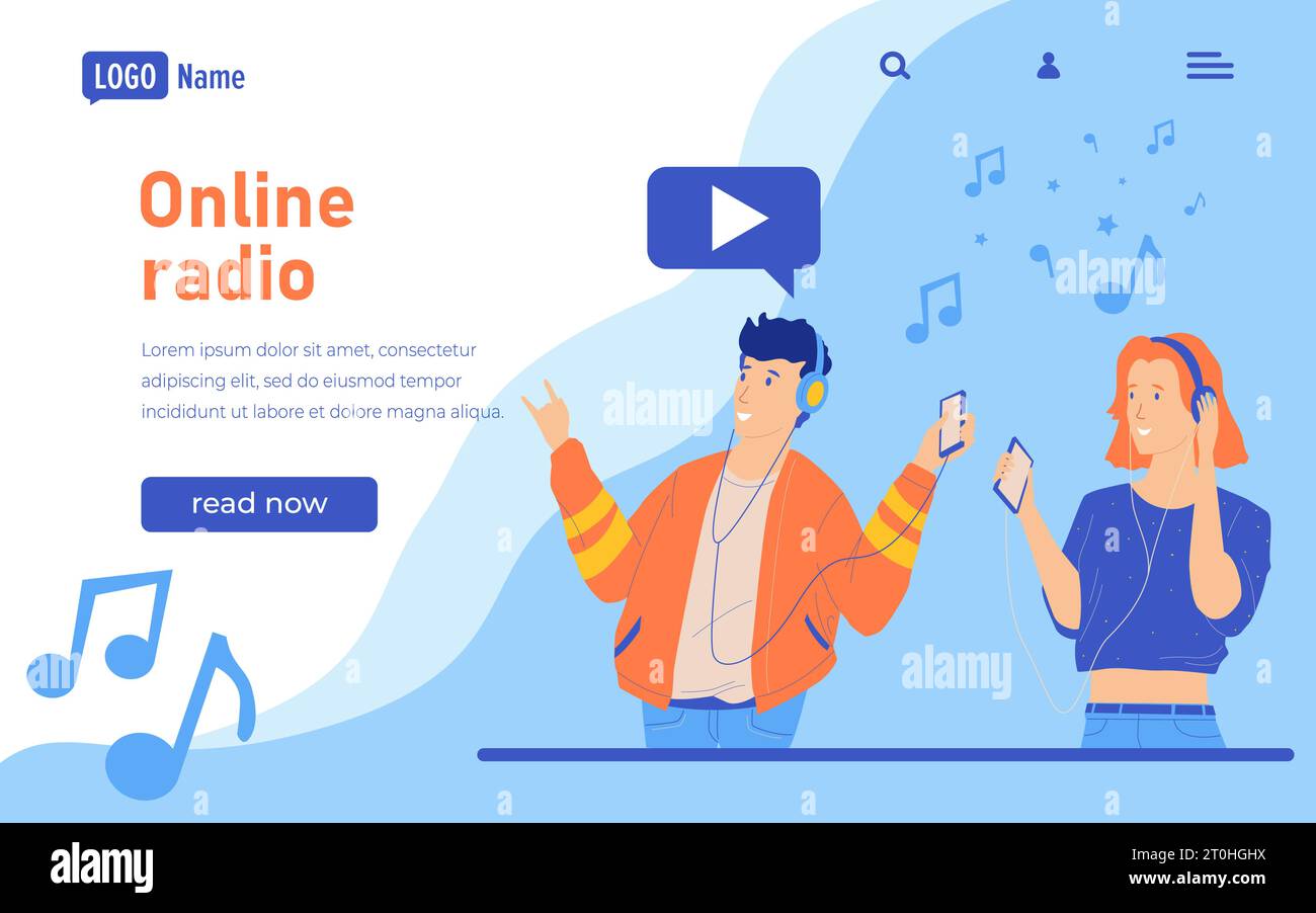 Online radio broadcast landing page. Happy people listen to music ...