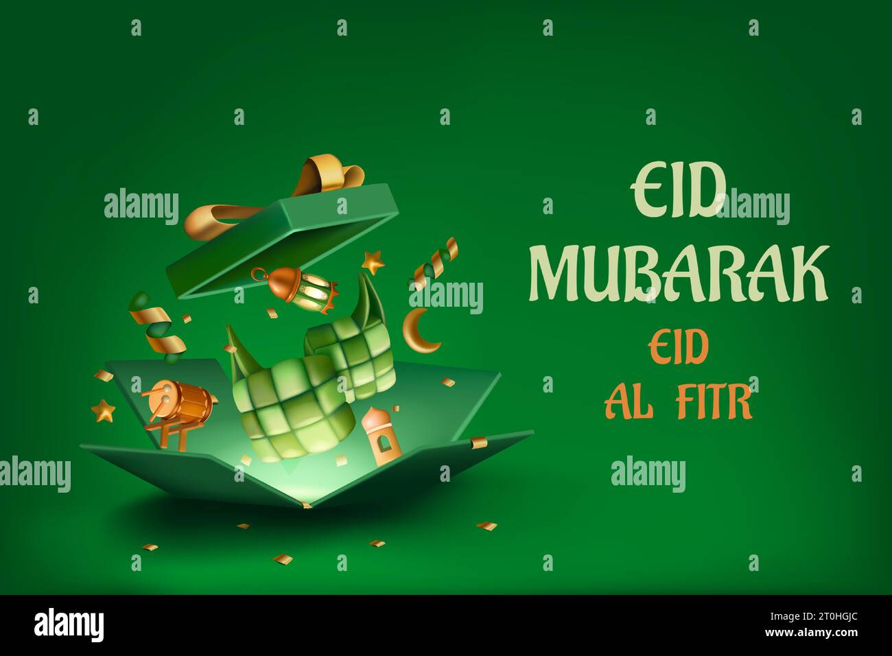 3D gift box. Ramadhan ketupat. Opening green gift box. Ramadan greeting ...