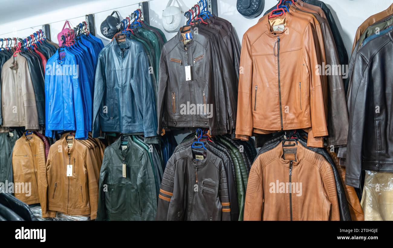 Moroccan leather goods on display at the showroom of a traditional ...