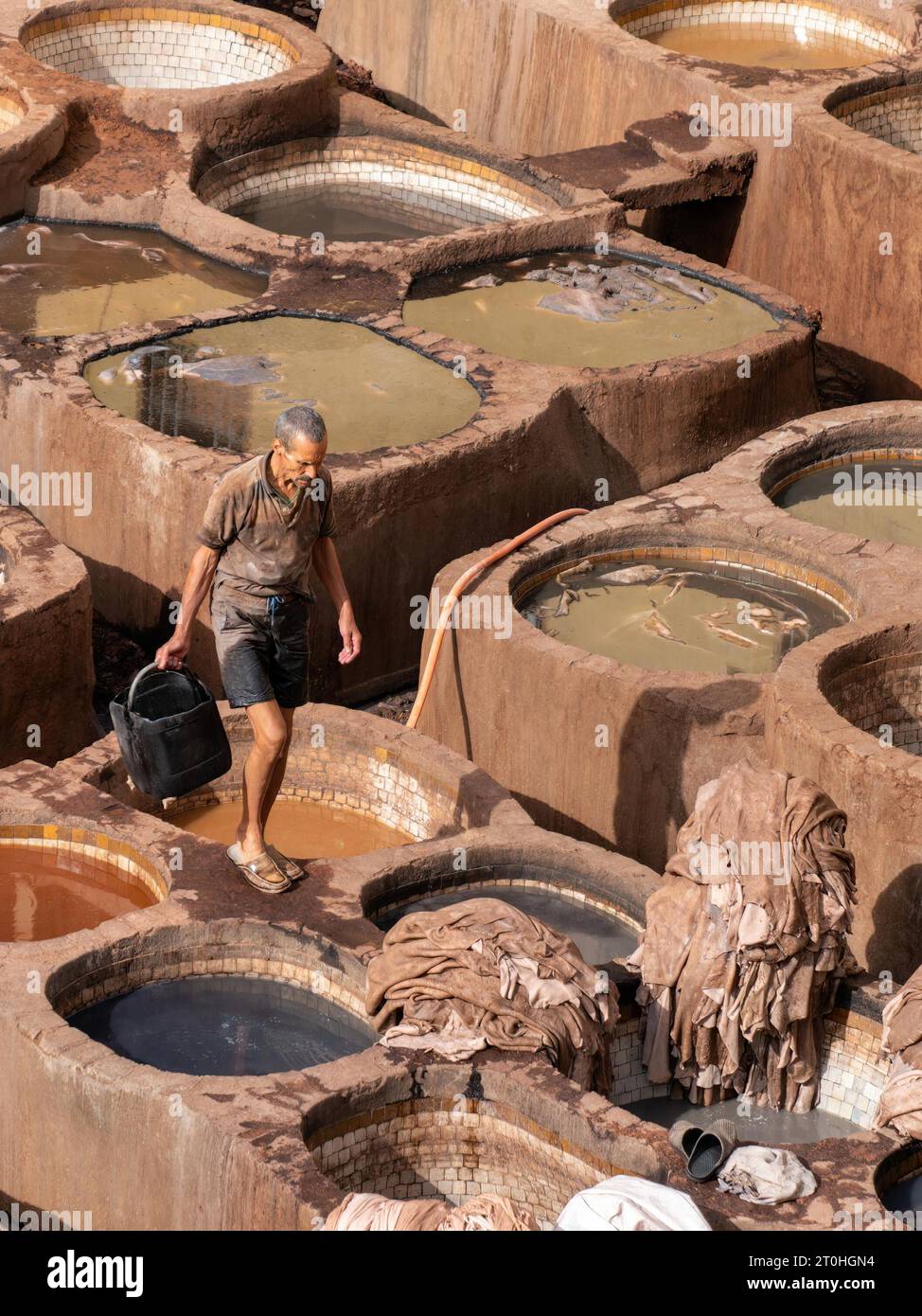 Fez, Morocco - 10 September 2022: Leather dying in a traditional ...