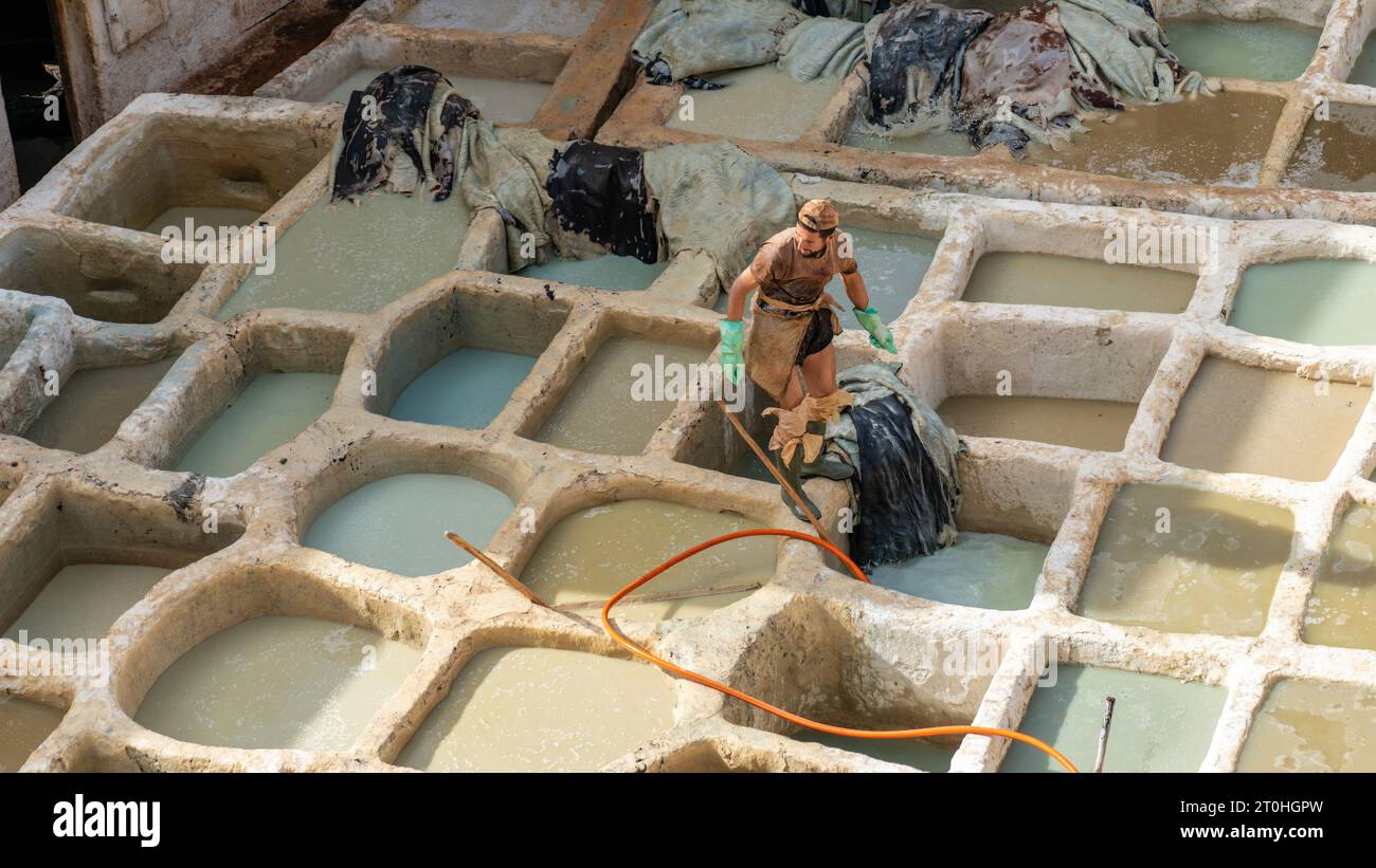 Fez, Morocco - 10 September 2022: Leather dying in a traditional ...