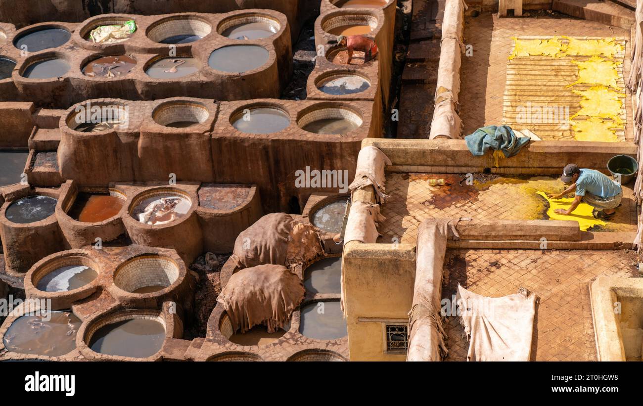Fez, Morocco - 10 September 2022: Leather dying in a traditional ...