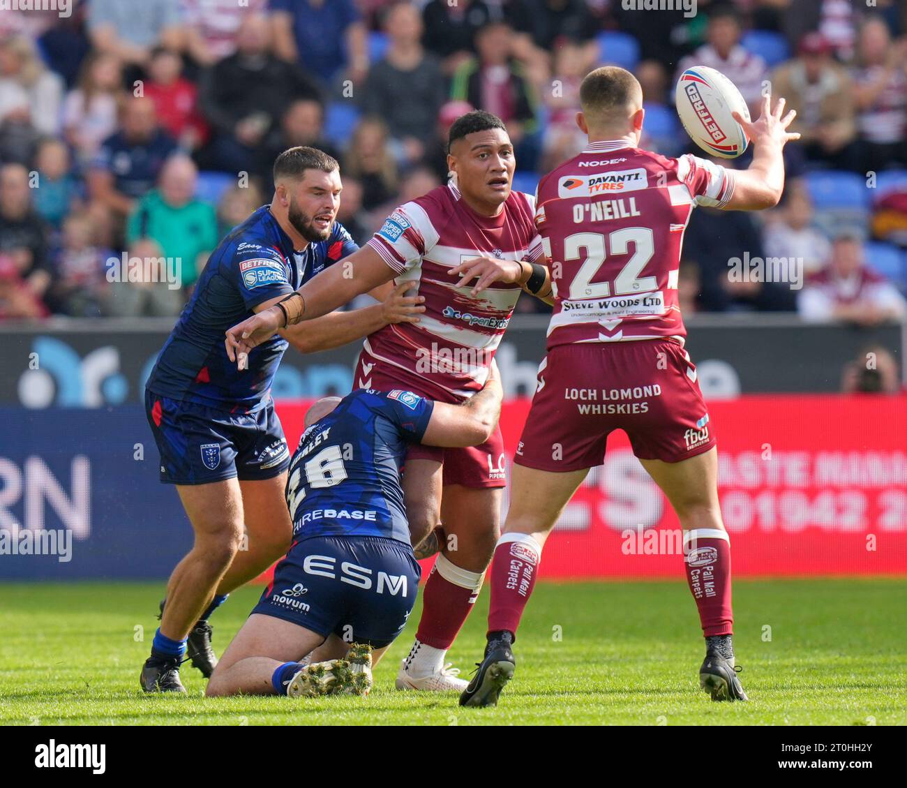 Wigan, UK. 07th Oct, 2023. Patrick Mago #20 of Wigan Warriors offloads ...