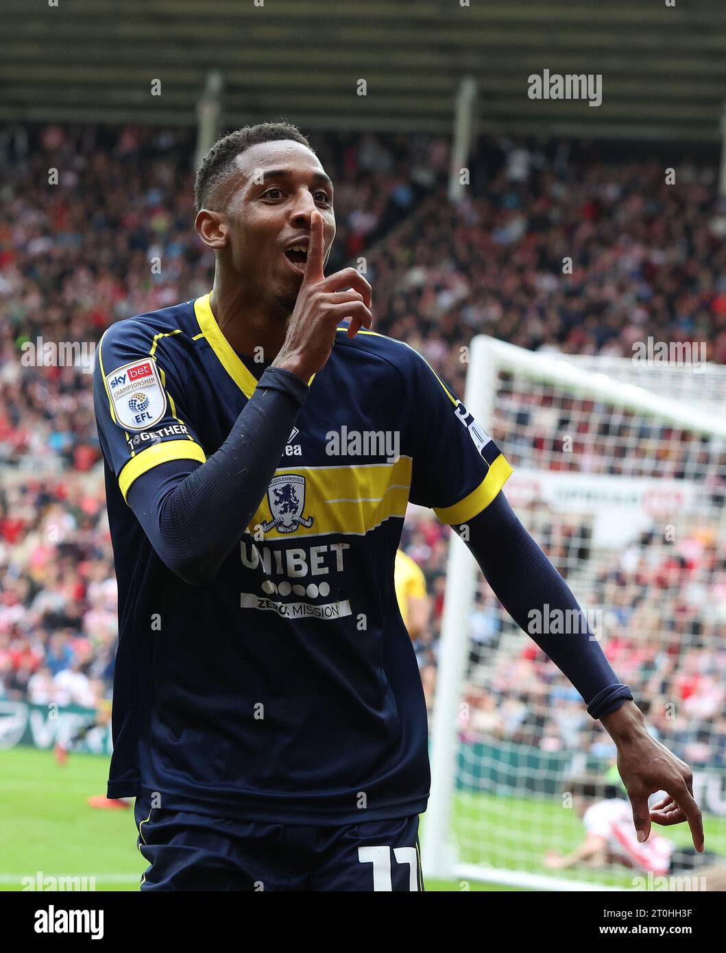 Sunderland, UK. 07th Oct, 2023. Isaiah Jones of Middlesbrough reacts ...
