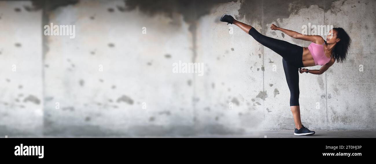 Fitness, woman and karate kick on banner for athletic, sport or martial ...