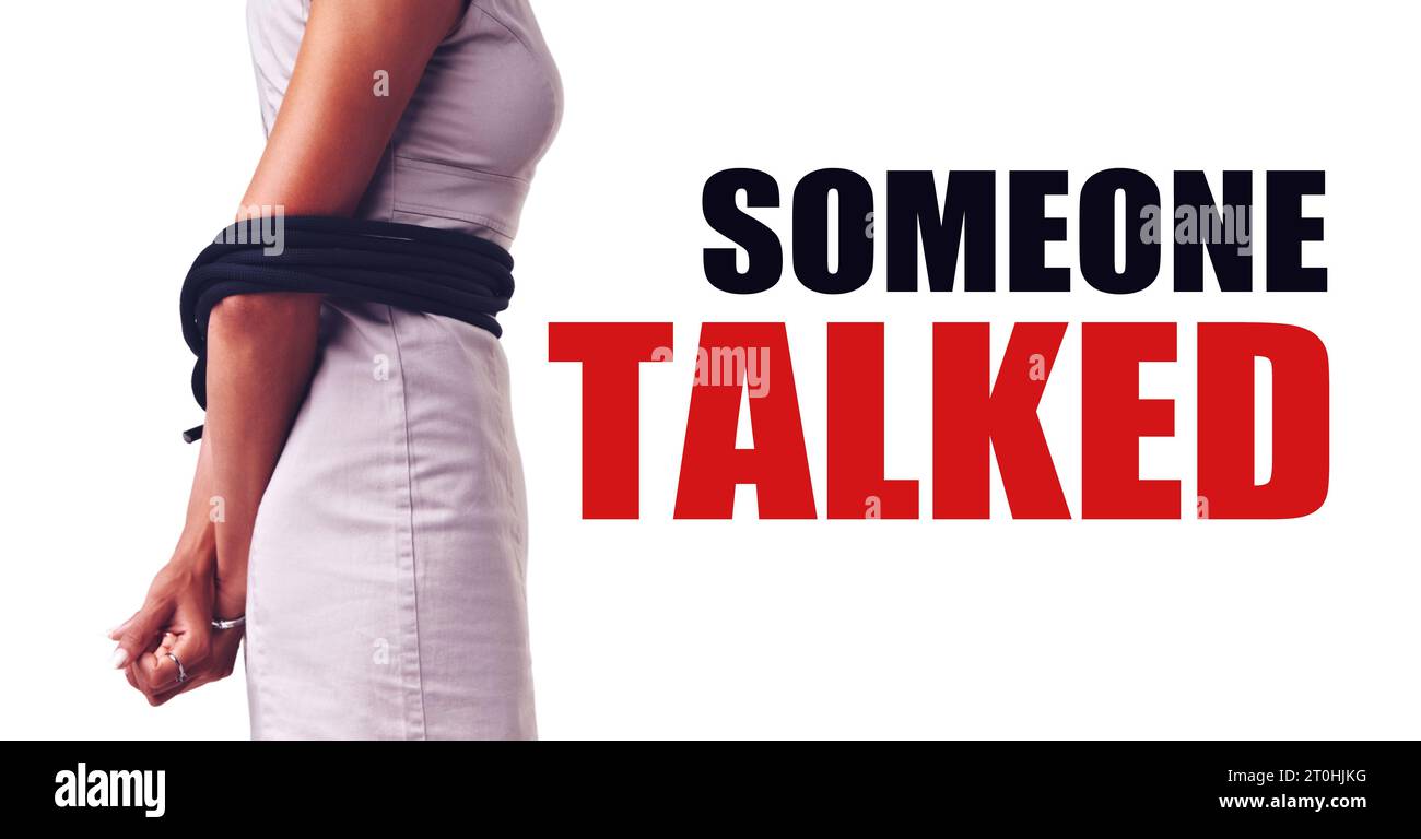 Text, rope and prisoner with a whistleblower or hostage bound and tied ...