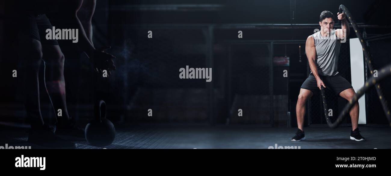 Fitness, man and battle ropes in gym with banner for workout, exercise ...