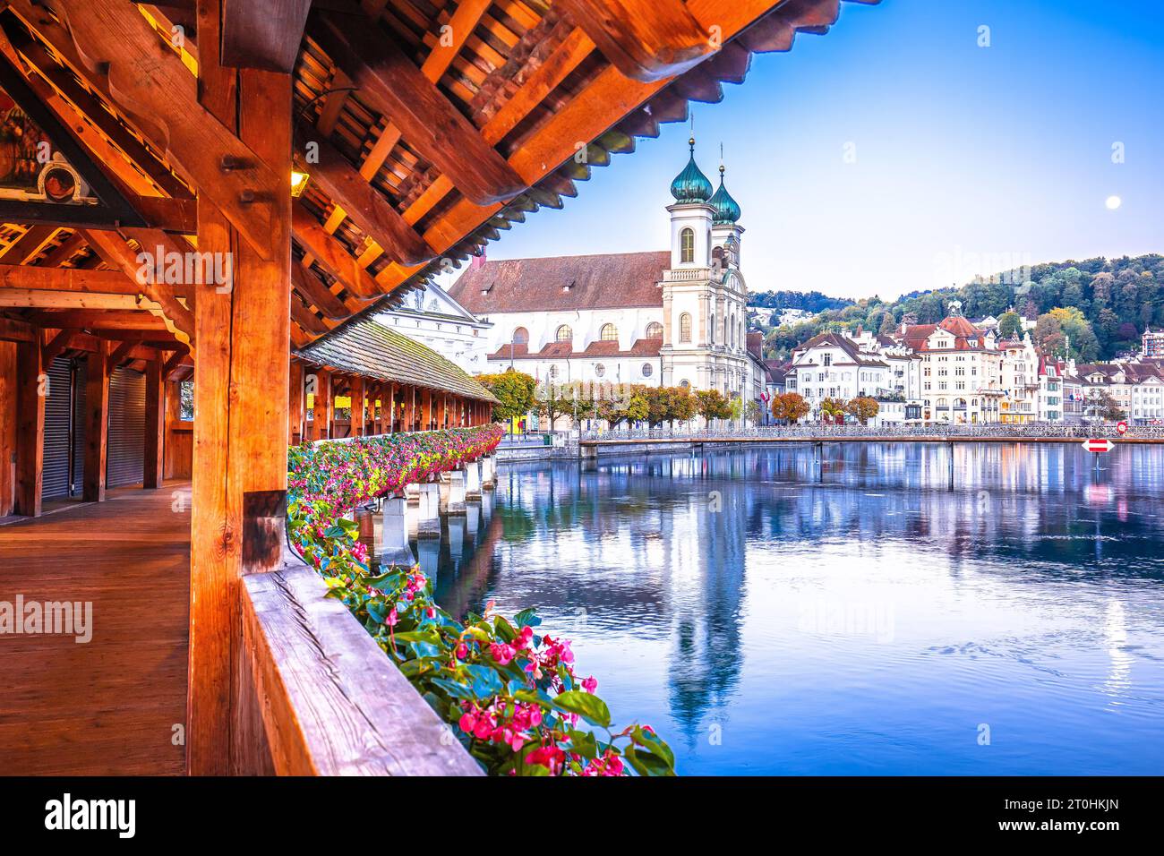 Chappel bridge historic wooden landmark in Luzern and town riverfront ...