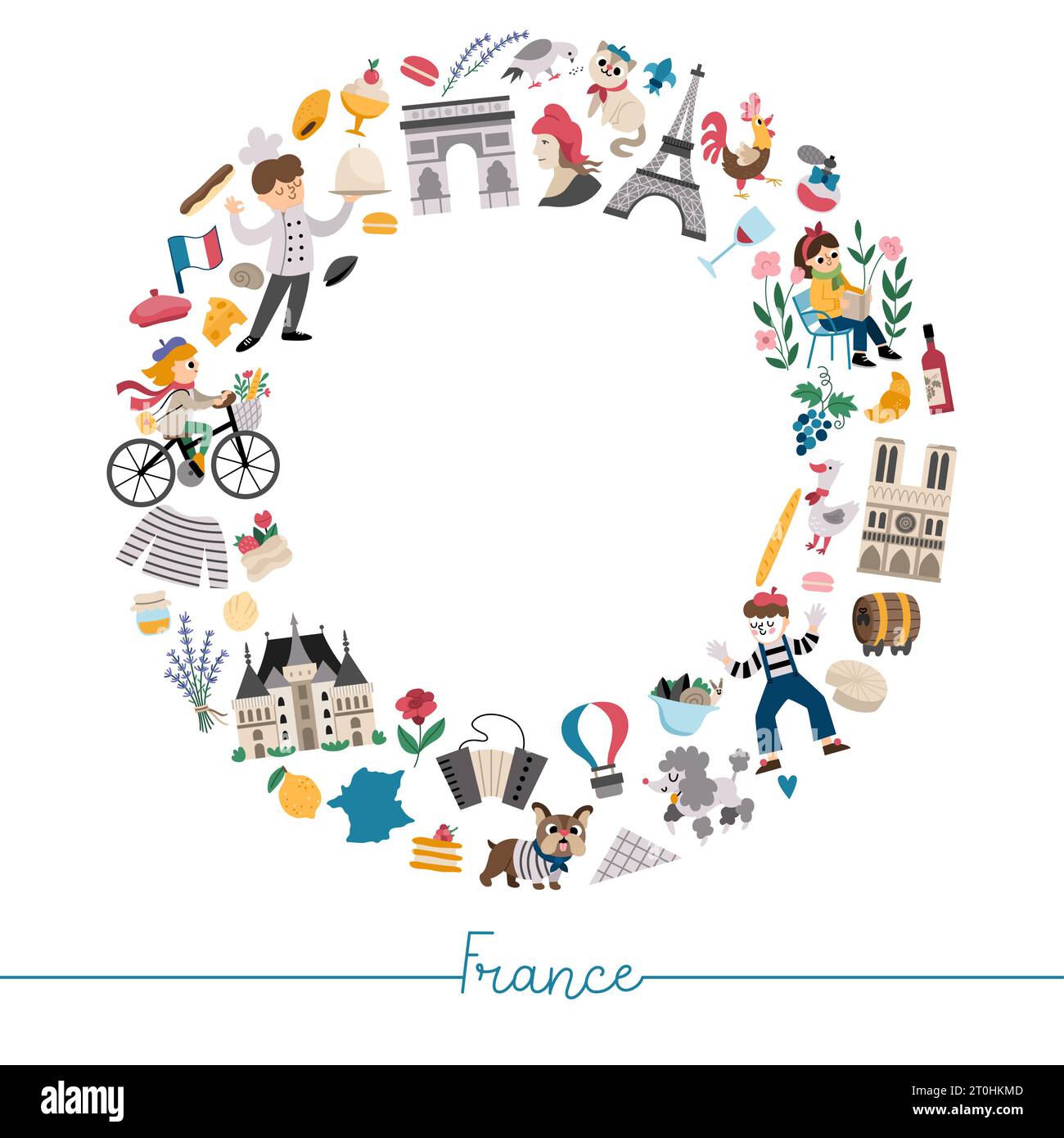 Vector French round frame with people, animals, Eiffel tower ...