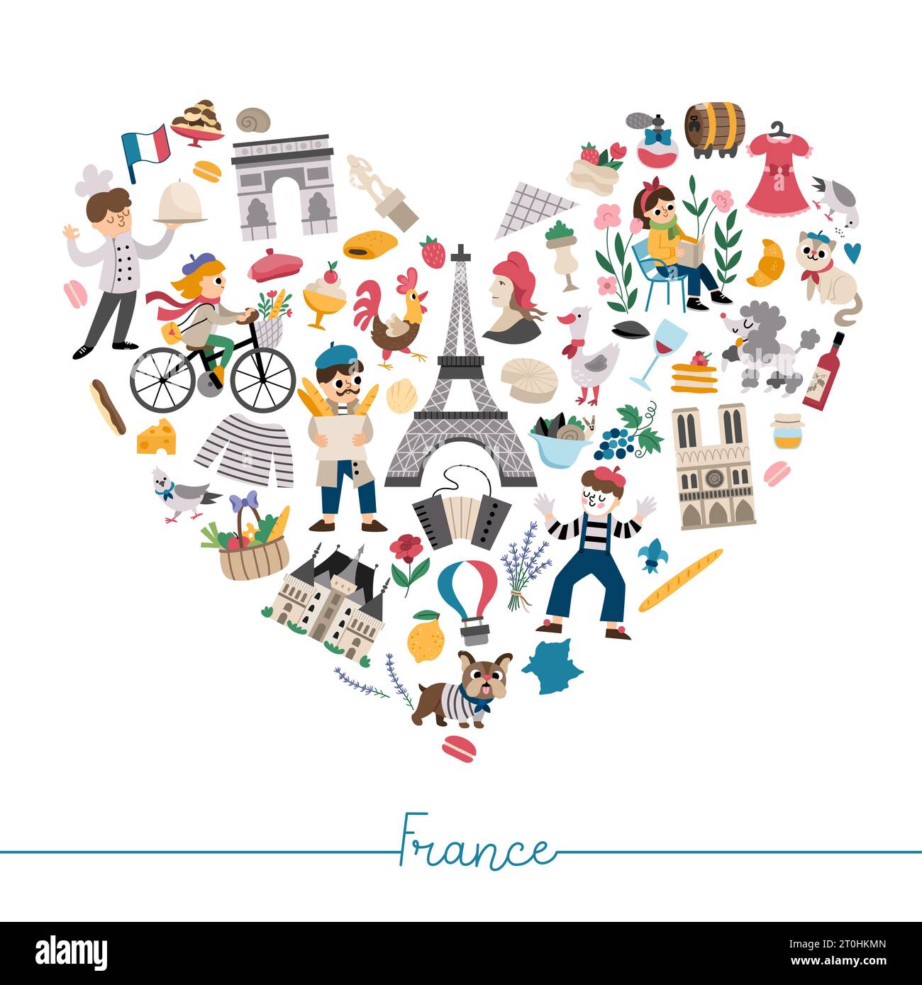 Vector French heart shaped frame with people, animals, Eiffel tower ...