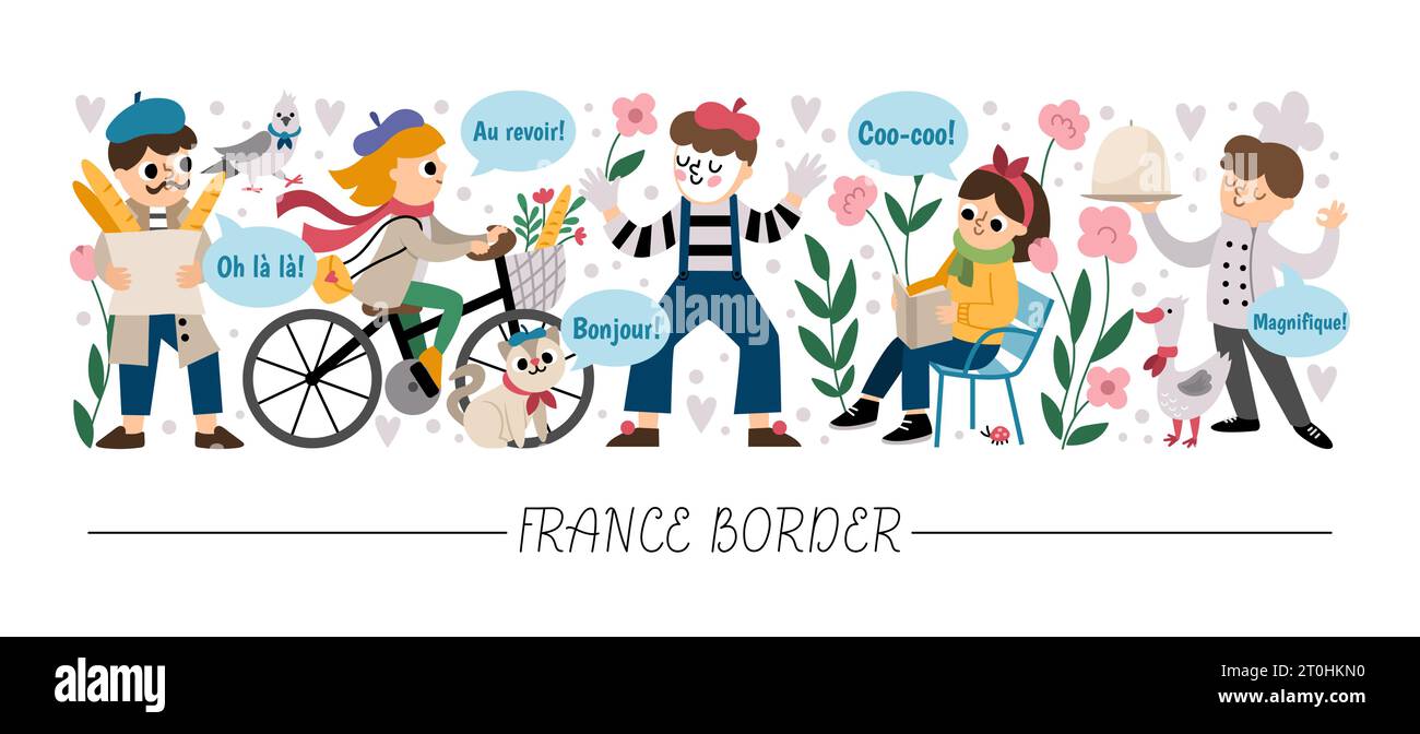 Vector horizontal border set with French people. France card template ...