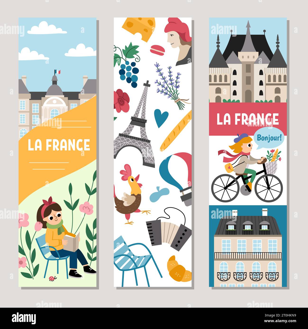 Cute France vertical cards set with Eiffel tower, castle, people ...