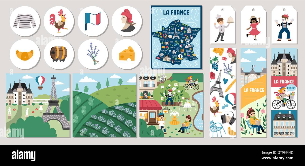 Cute France cards set with Eiffel tower, Notre dame, people, animals ...