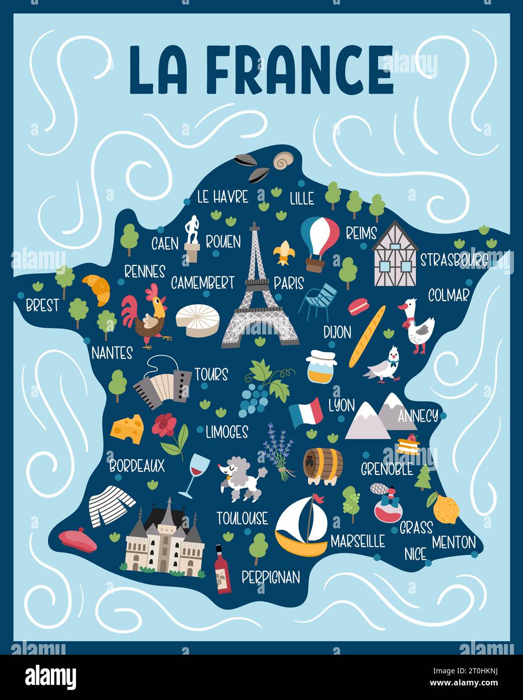Vector France map. Cartoon postcard with French places of interest ...