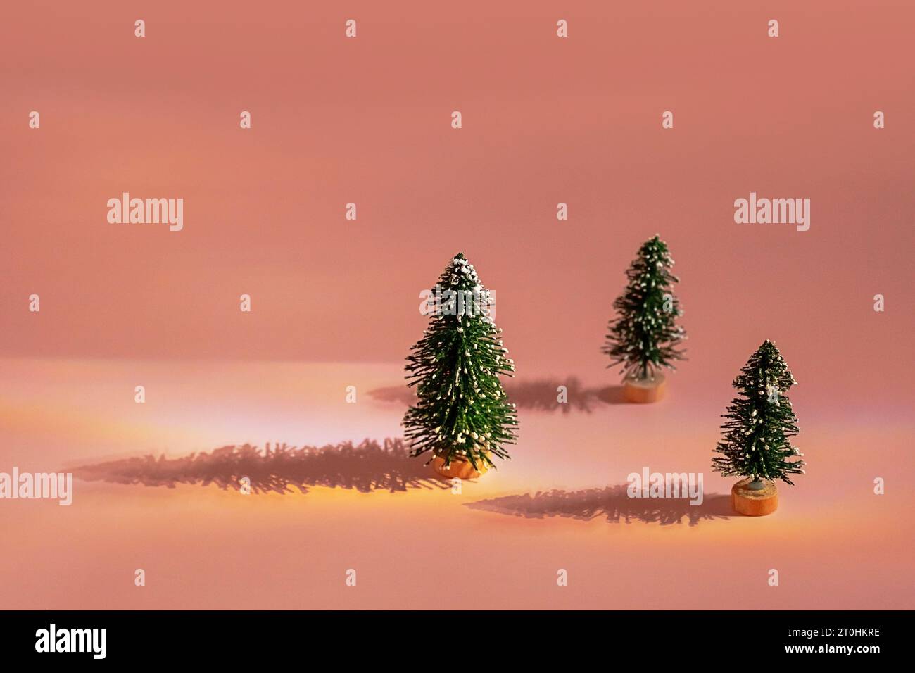 Artificial Christmas trees in rainbow flare leak. Winter holidays ...