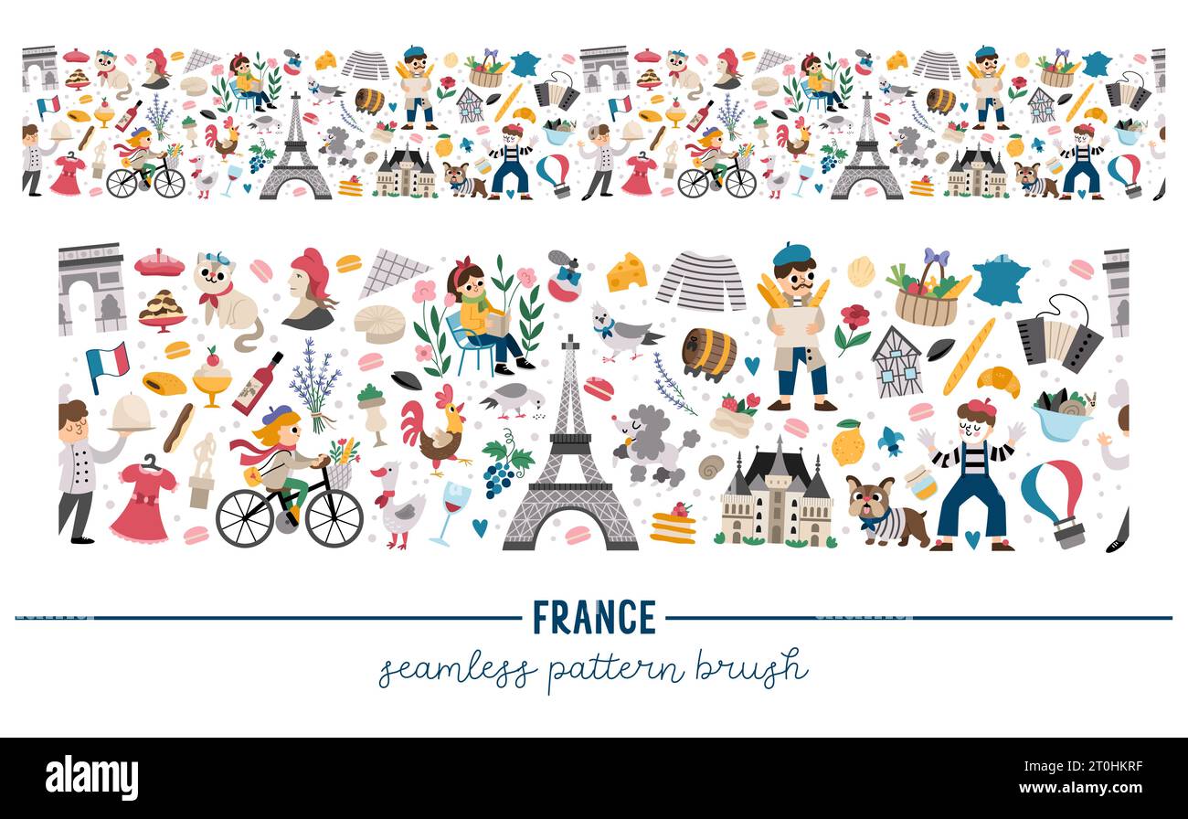 Vector French horizontal seamless border with people, animals, Eiffel ...