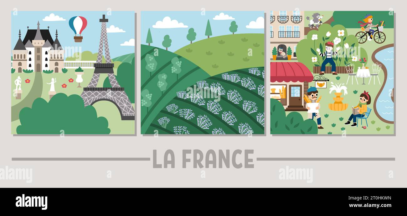 Vector Paris landscape illustrations set. French capital city scenes ...