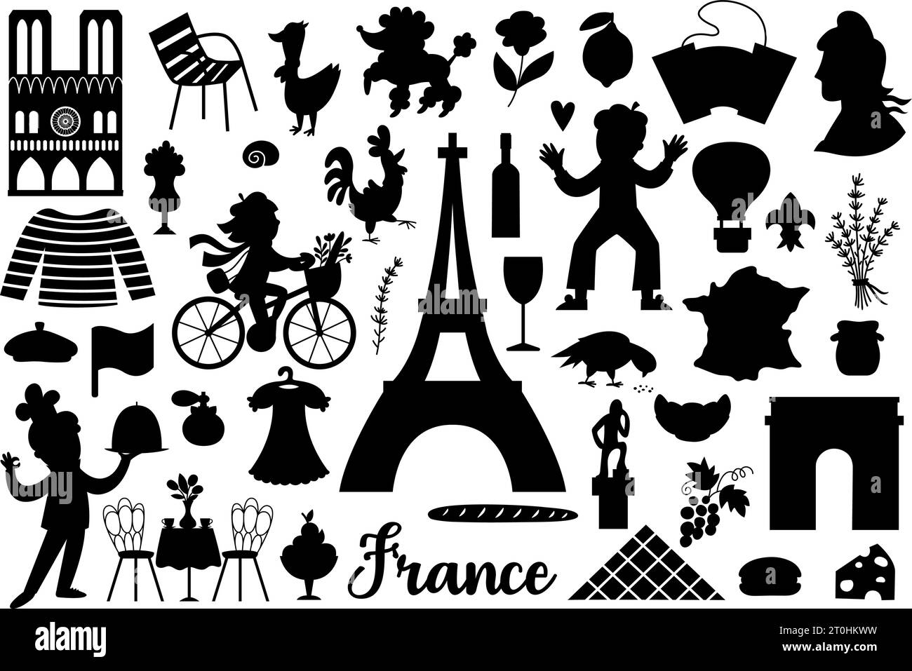Vector French silhouettes set. France black icons collection with funny ...