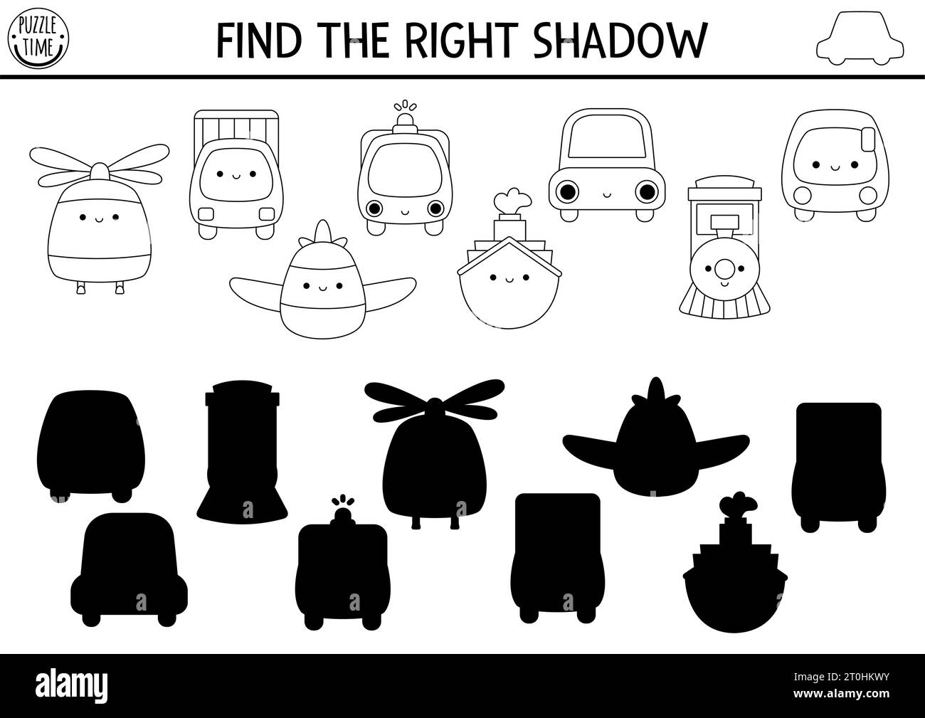 Transportation black and white shadow matching activity. Transport line ...