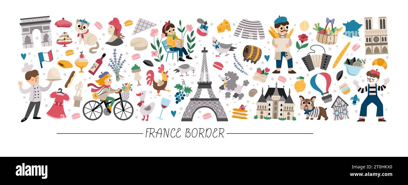 Vector French horizontal frame with people, animals, Eiffel tower ...