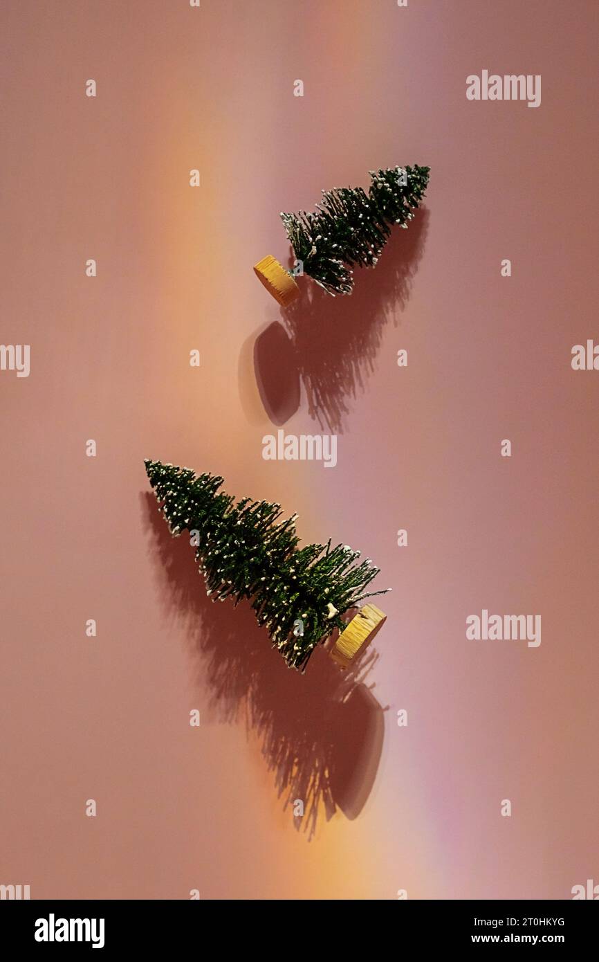 Toy fir trees in rainbow flare leak. Flare glow wintertime holidays ...