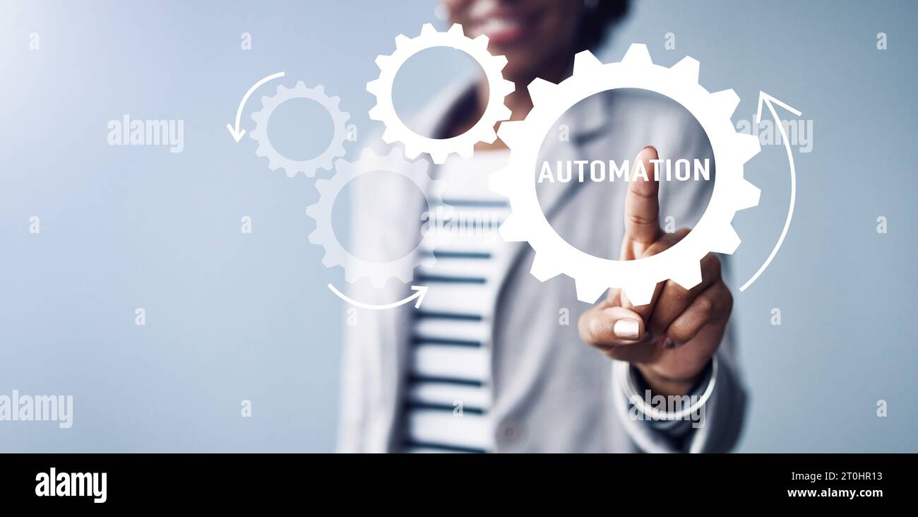 Gear icon, automation hologram and woman hand touch for digital setting ...