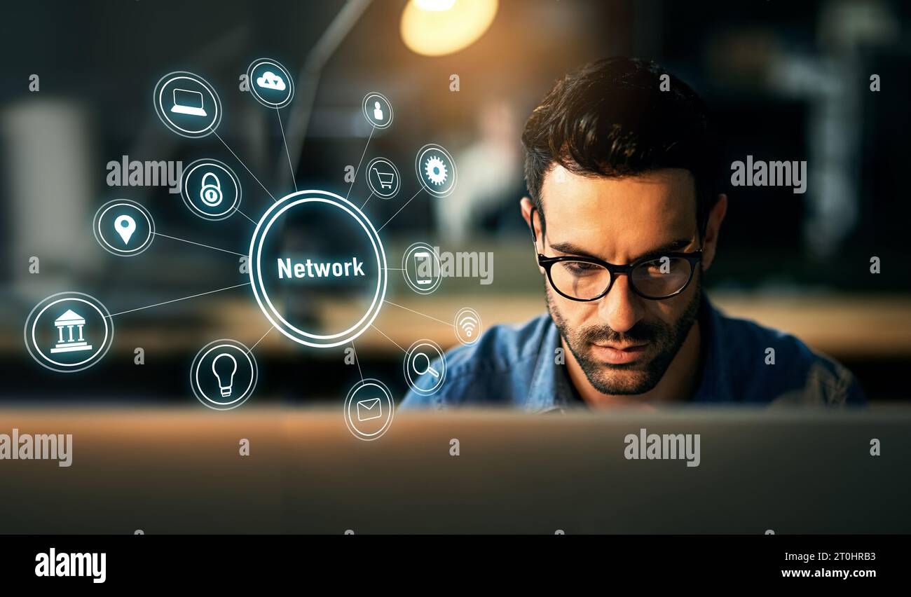 Business man, computer and icons hologram for network, integration system and application in ...
