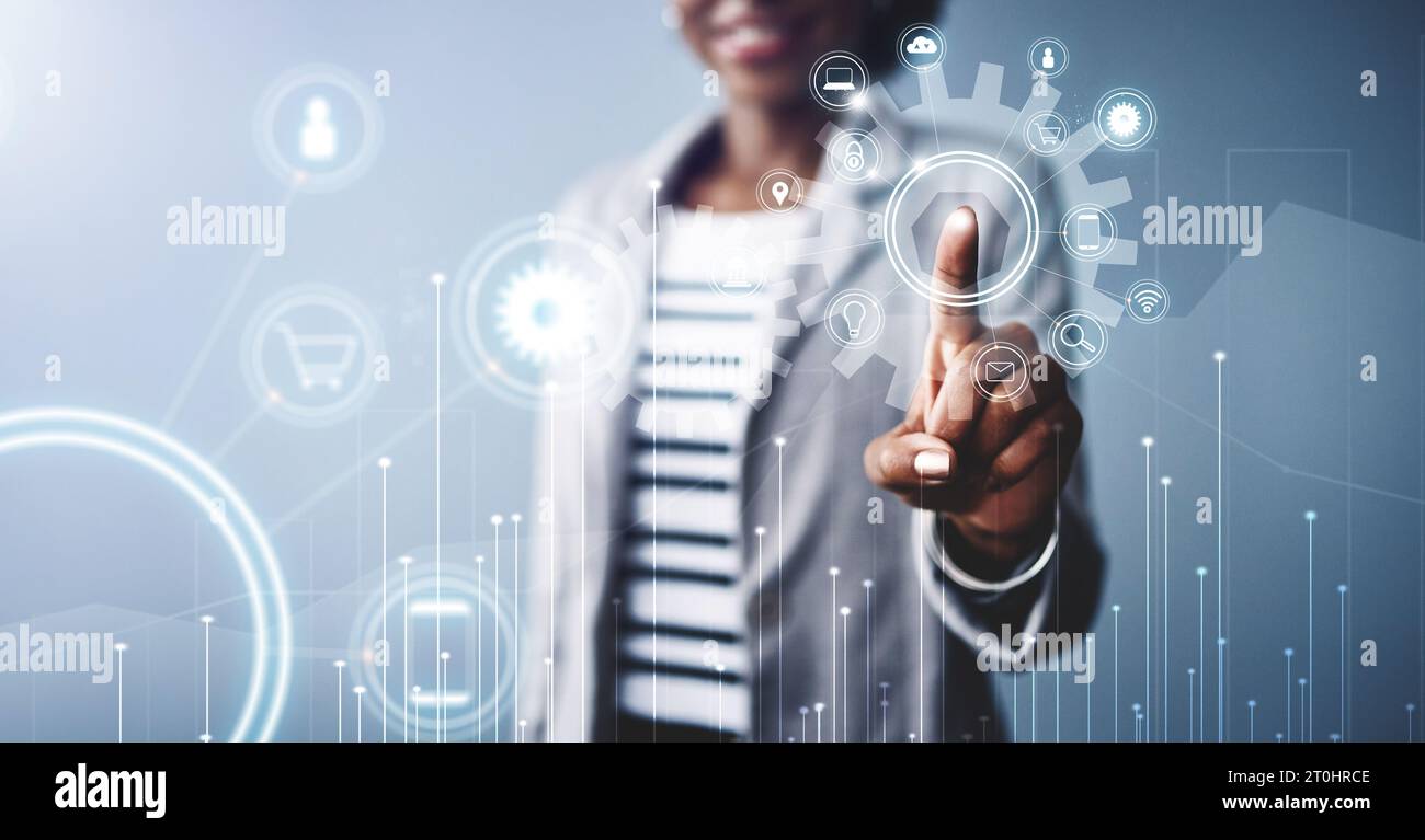 Gear icon, hologram and woman hand touch for digital setting for help ...