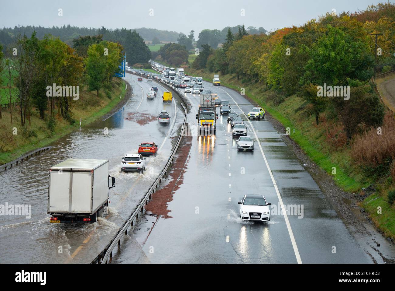 Stirling, Scotland, UK. 7th October 2023. Flooding on the M9 motorway ...
