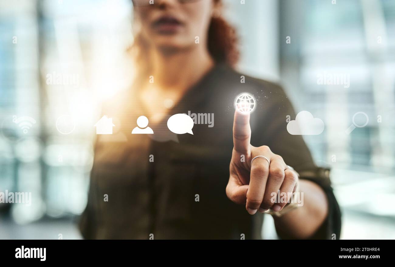 Hologram, icon and finger of person for social media, website and ...